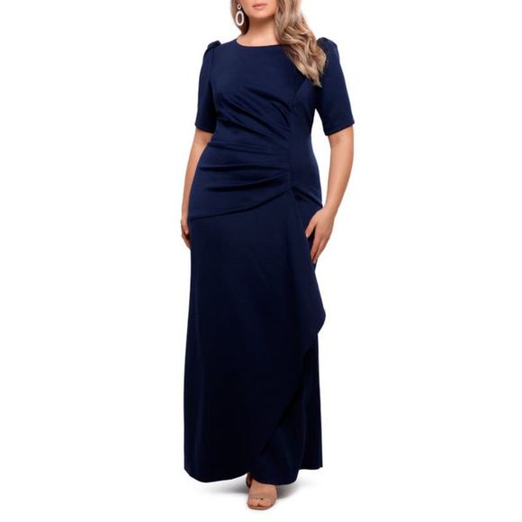 Xscape | Dresses | Xscape Womens Blue Scuba Draped Front Pouf Sleeve ...